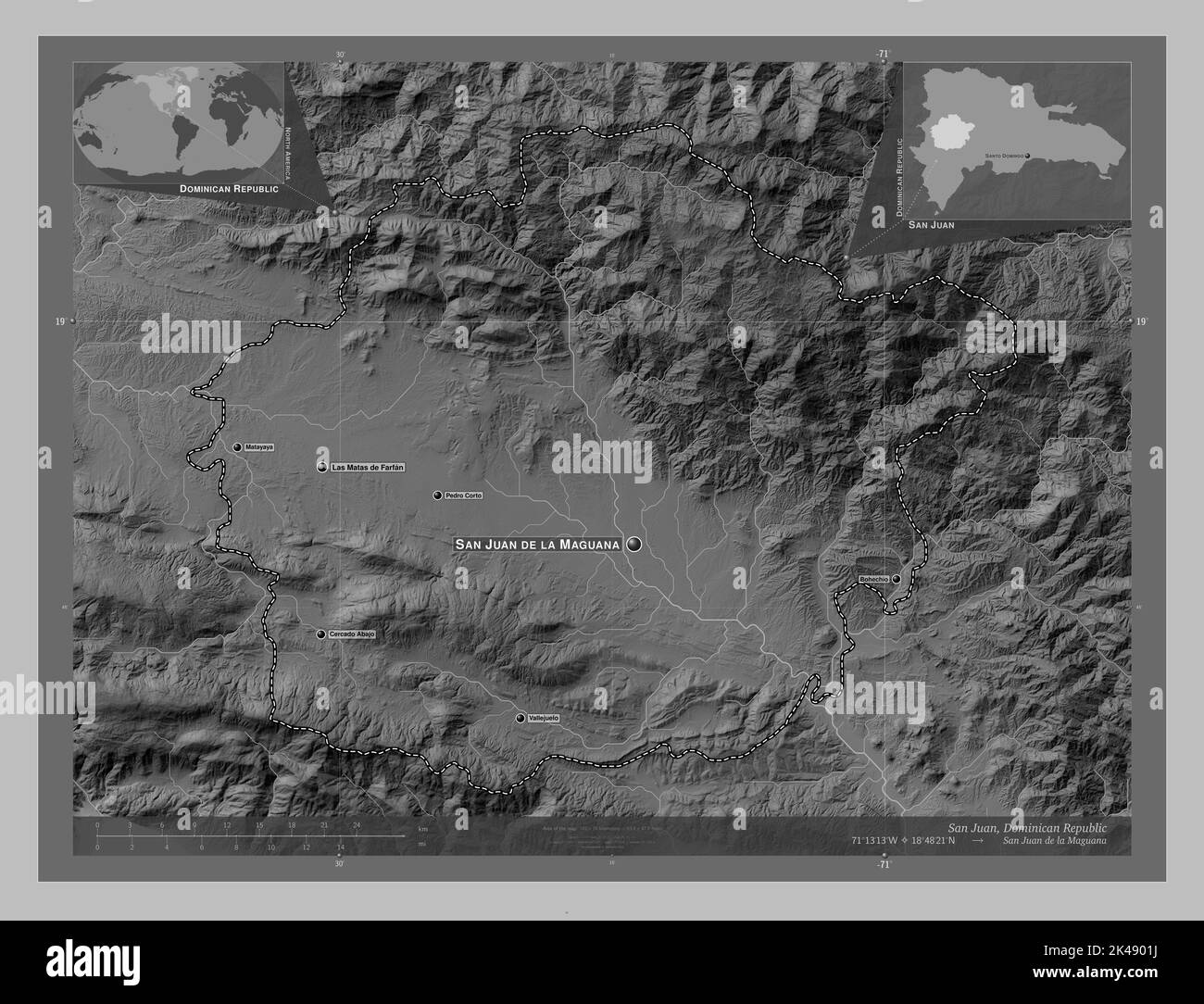 San Juan, province of Dominican Republic. Grayscale elevation map with ...