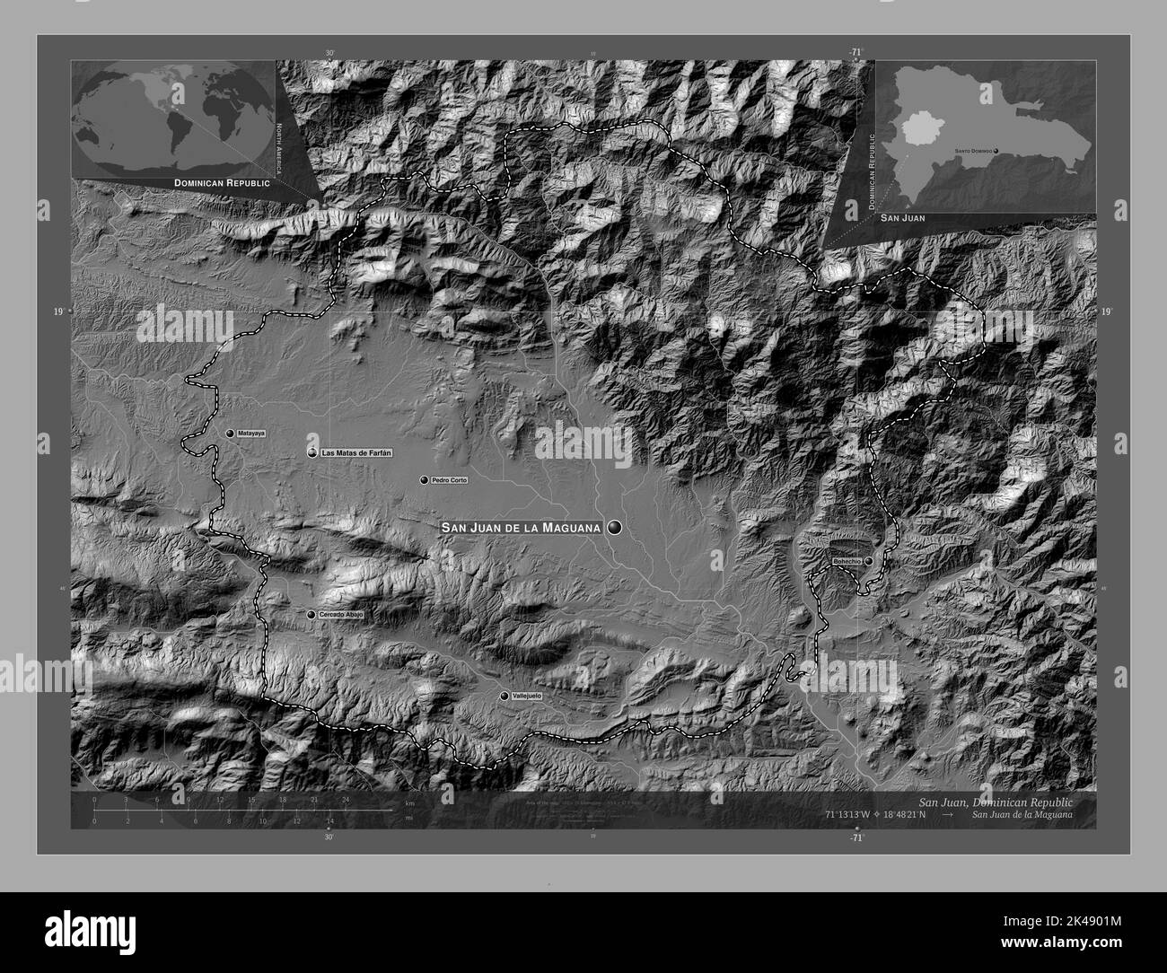 San Juan, province of Dominican Republic. Bilevel elevation map with ...
