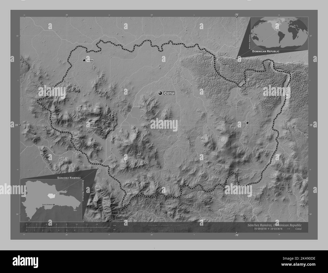 Sanchez Ramirez, province of Dominican Republic. Grayscale elevation ...