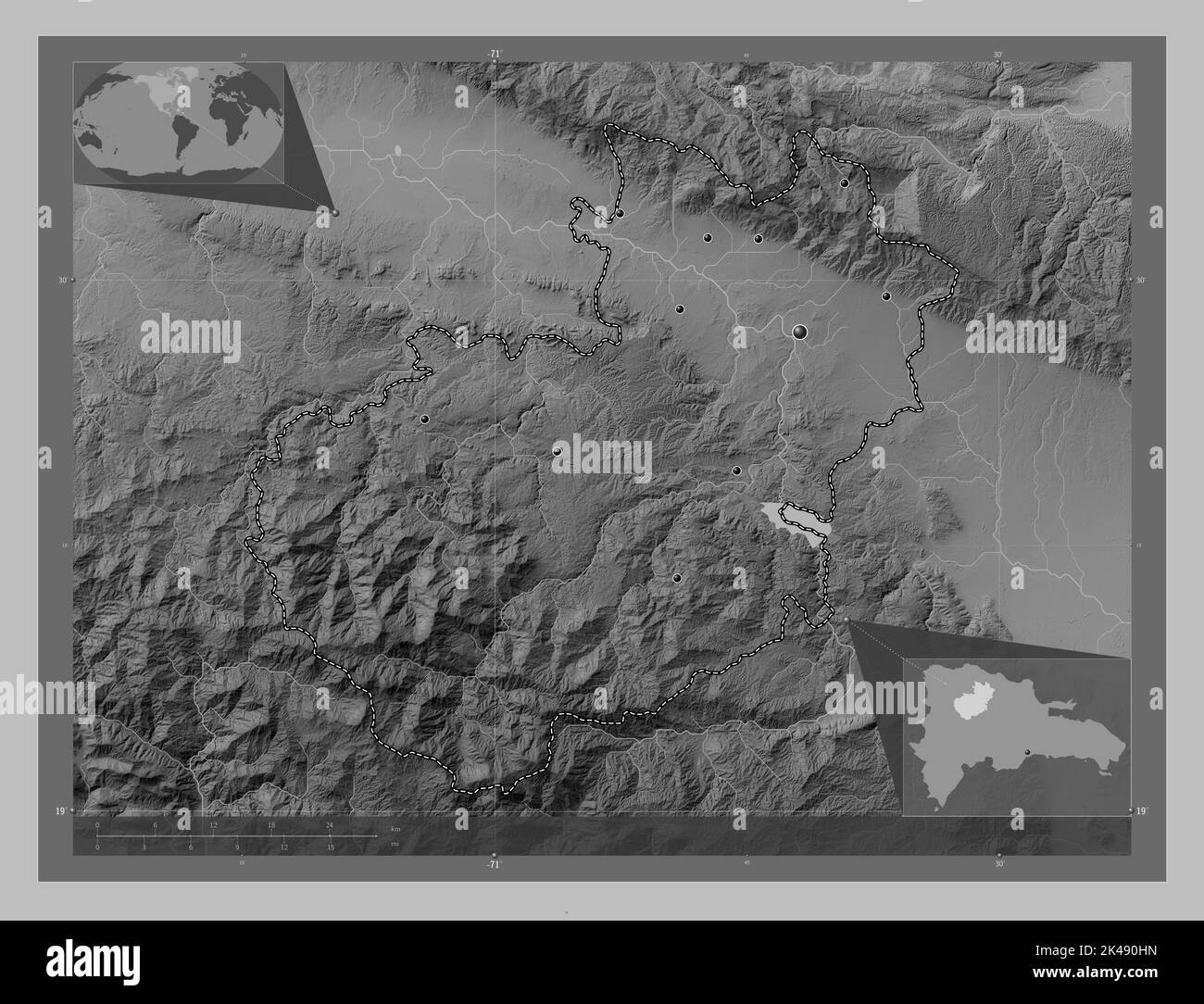 Santiago, province of Dominican Republic. Grayscale elevation map with ...