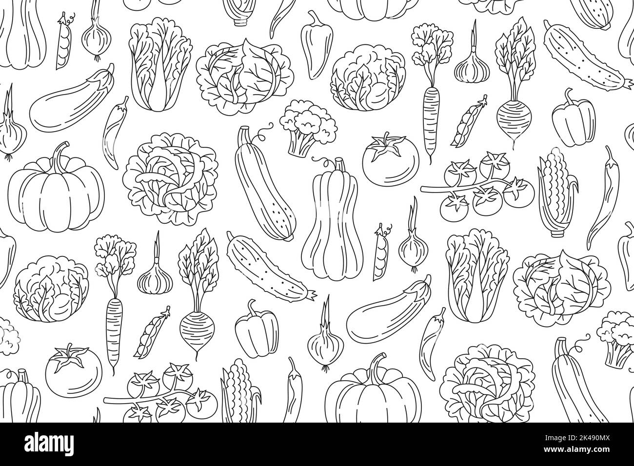 Vegetables doodle linear seamless pattern, wallpaper. Healthy diet food ...