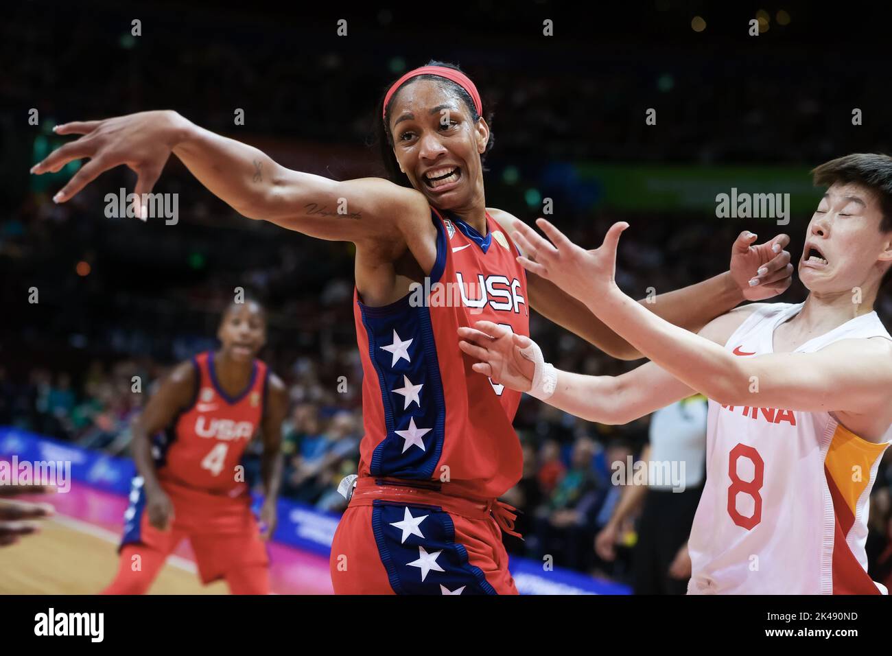 Sydney, Australia, 1 October, 2022. A'Ja Wilson of USA is challenged by ...