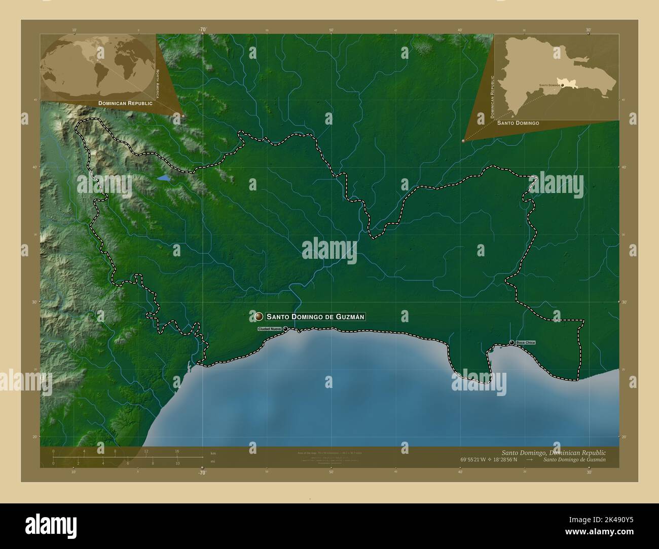 Santo Domingo, province of Dominican Republic. Colored elevation map ...