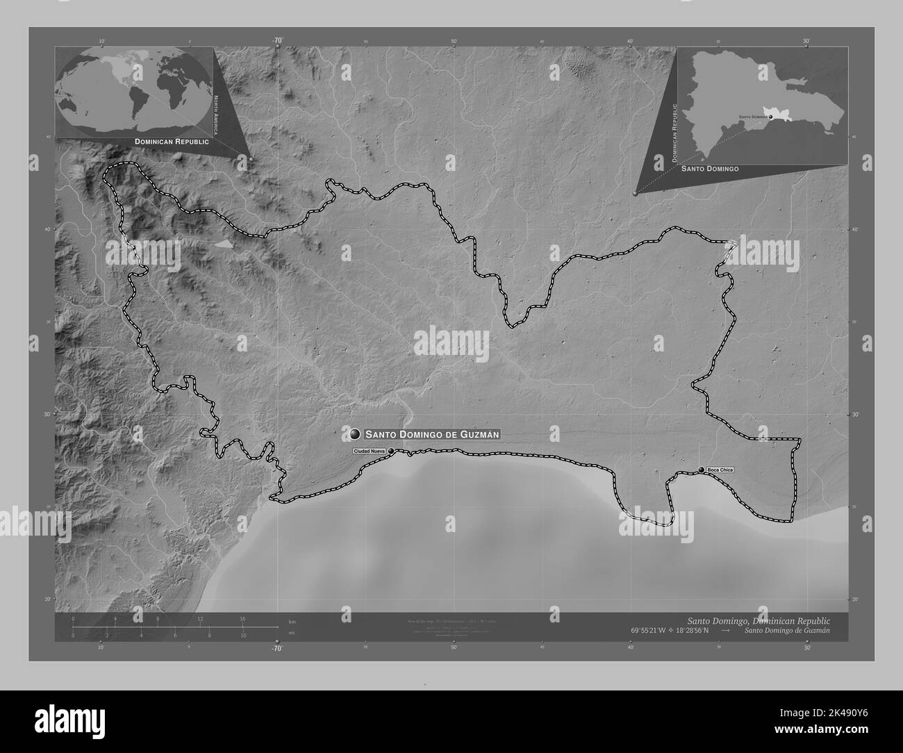 Santo Domingo, province of Dominican Republic. Grayscale elevation map ...