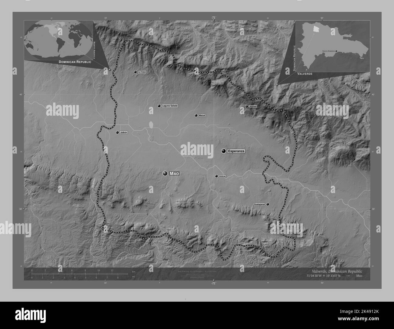 Valverde, province of Dominican Republic. Grayscale elevation map with ...