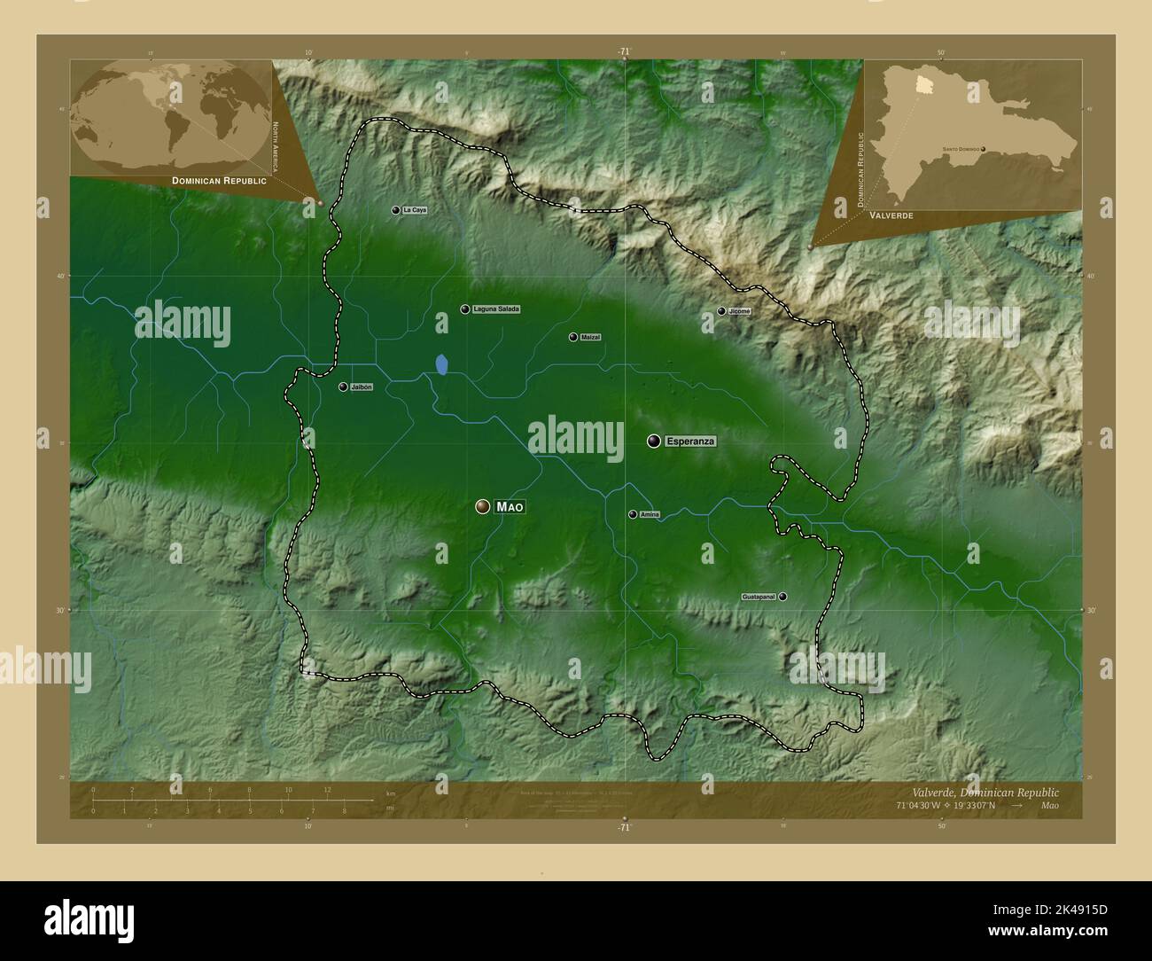 Valverde, province of Dominican Republic. Colored elevation map with ...