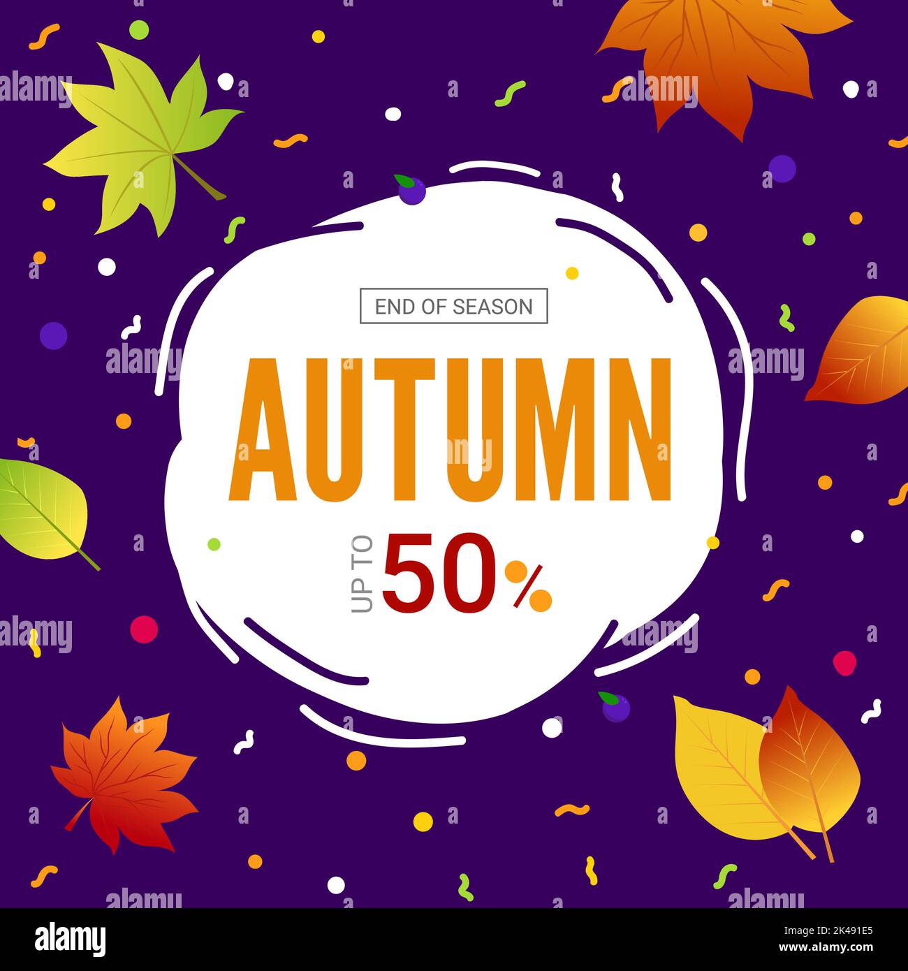 Autumn sale banner with fall leaves and confetti on blue background ...
