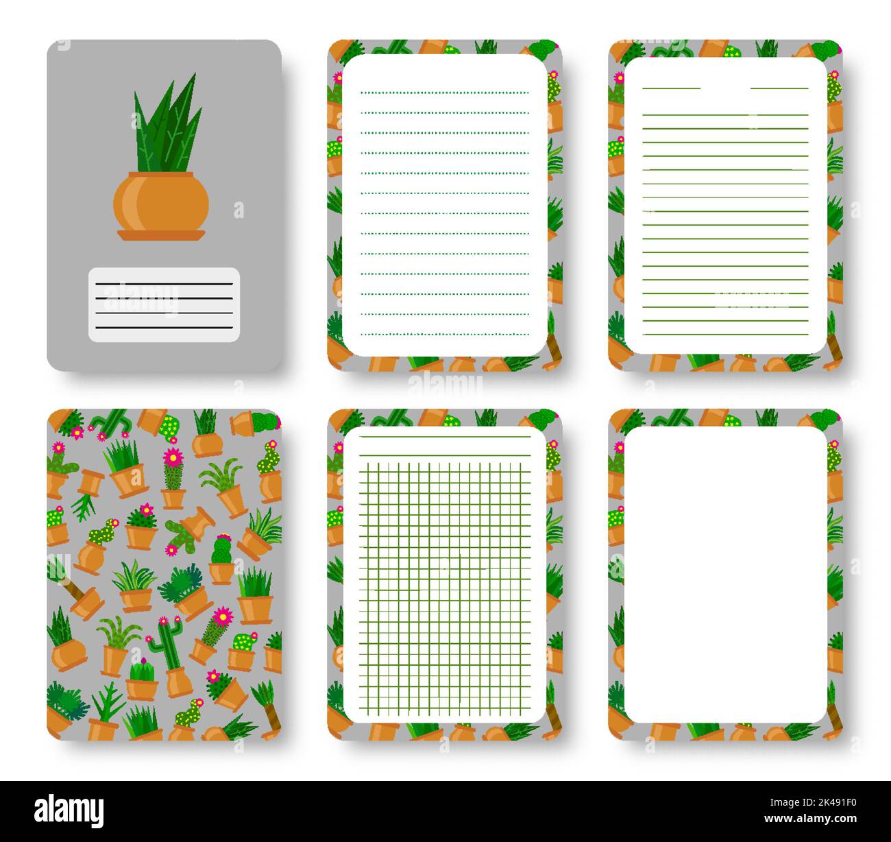 Cactus notebook cover and lined pages set. Succulent in pot pattern ...