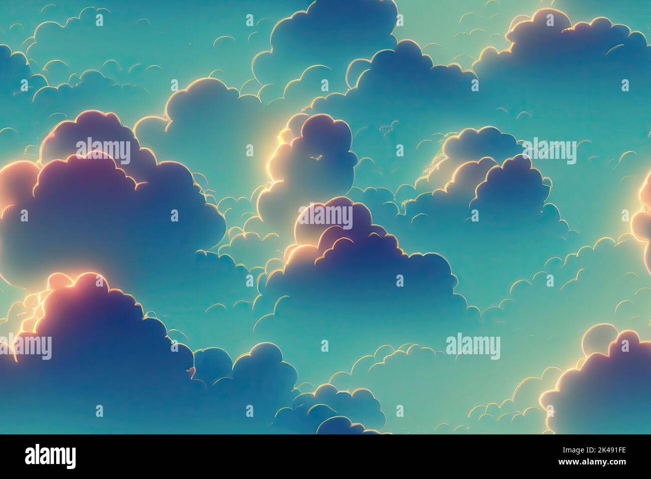 Comics style background of cartoon sky with fluffy clouds, at sunset ...