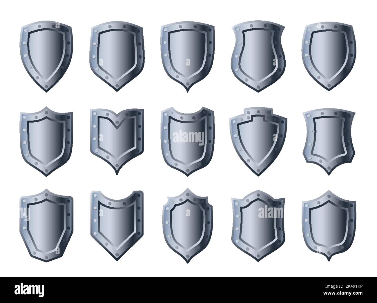 Metal shields 3D set different shapes security metallic icon. Power protection business concept ...