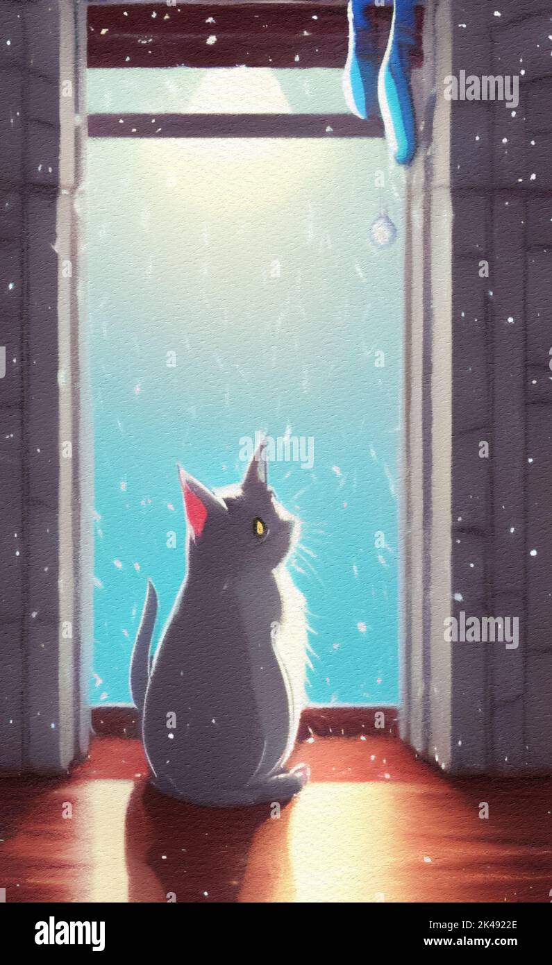 Cute Christmas cat with new year holiday interior on background ...