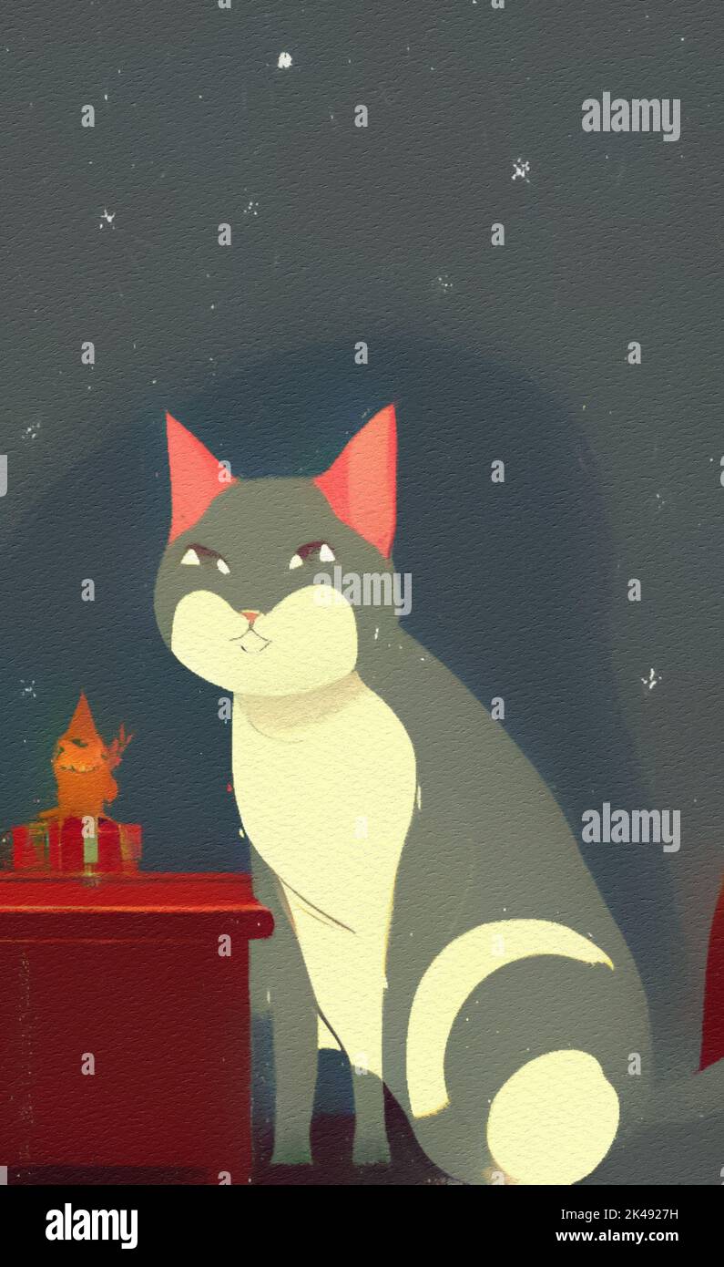 Cute Christmas cat with new year holiday interior on background ...