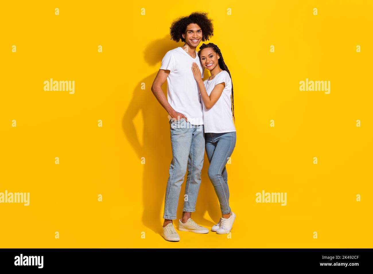 Full size portrait of two peaceful idyllic people cuddle toothy smile ...