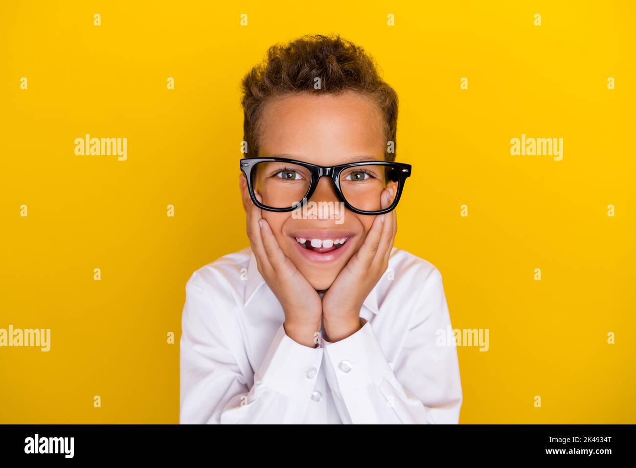 Close up photo of satisfied person wear stylish clothes spectacles ...