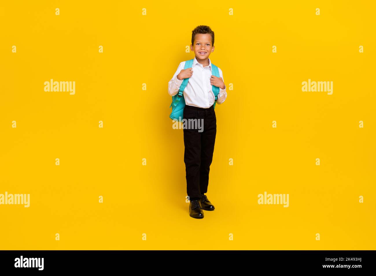 Full length photo of cheerful nice boy carry backpack have good mood ...
