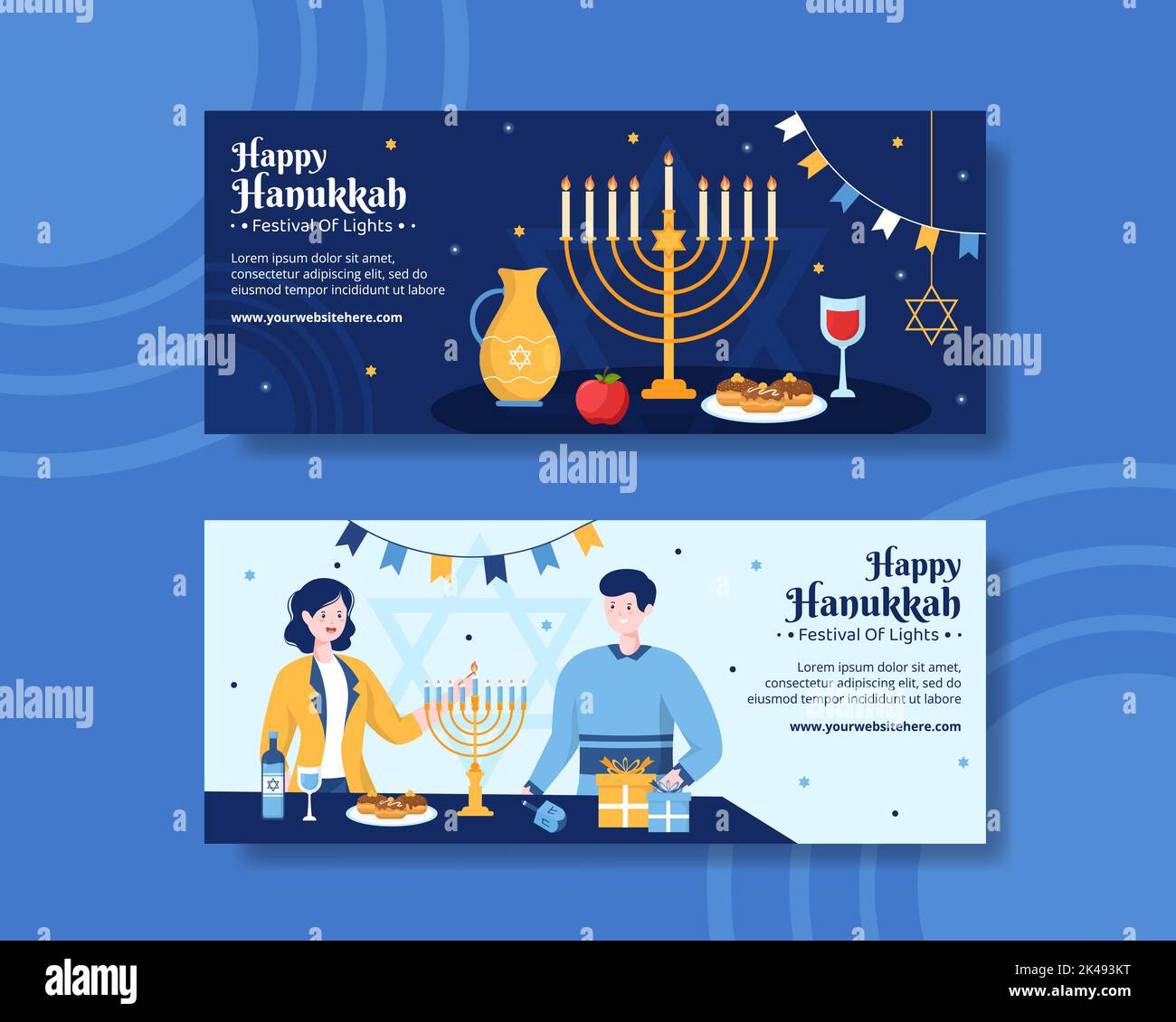 Happy Hanukkah Jewish Holiday Horizontal Banner Template Hand Drawn ...