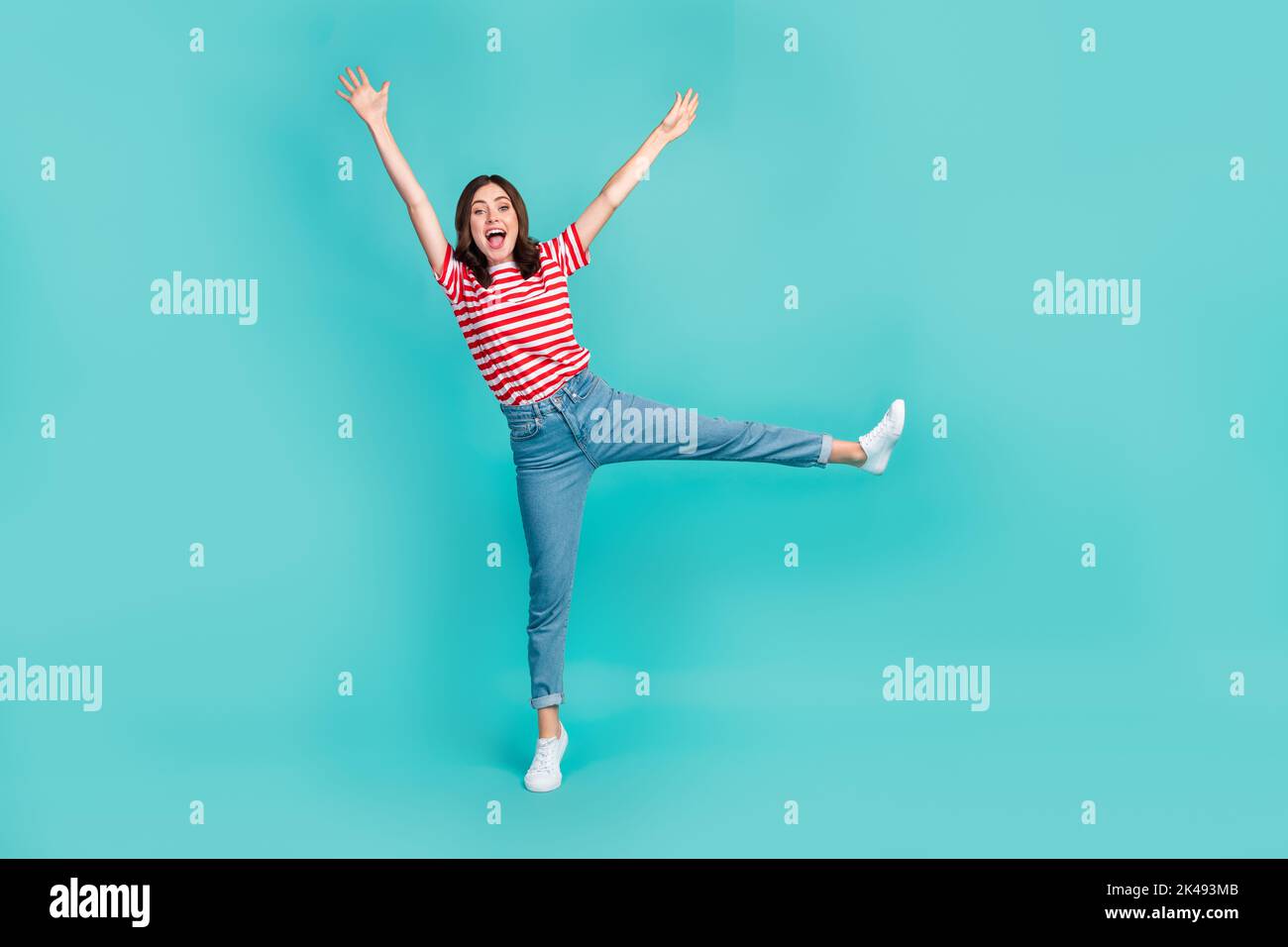 Full length photo of adorable funny girl dressed red t-shirt smiling ...