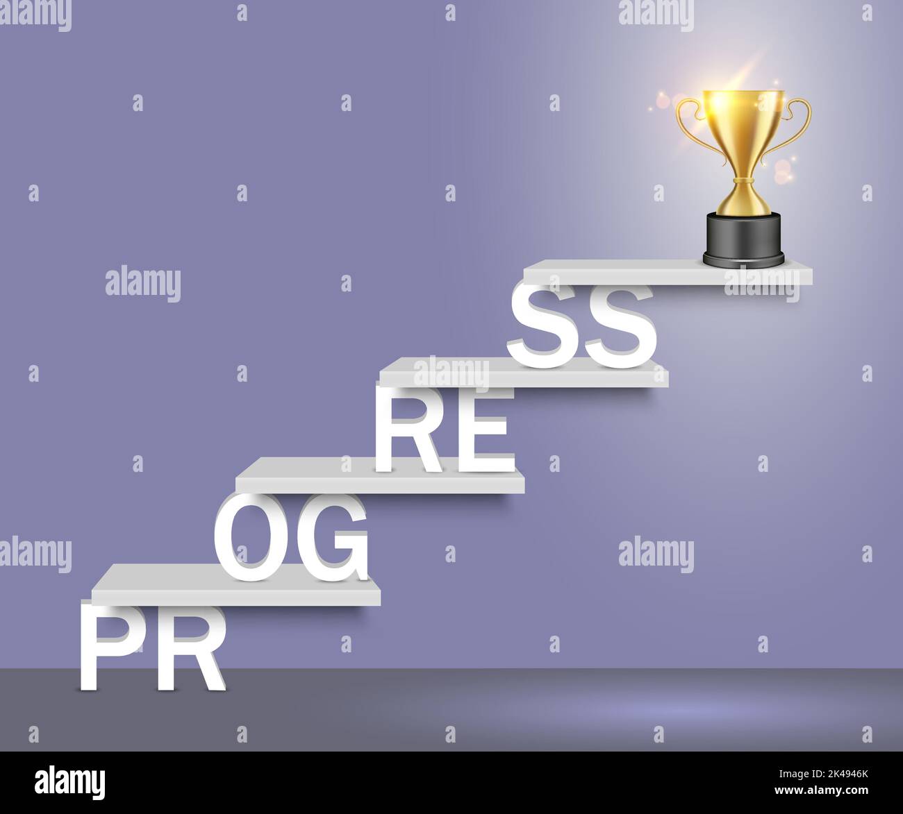 Progress word ladder with trophy award cup on top. Vector realistic ...