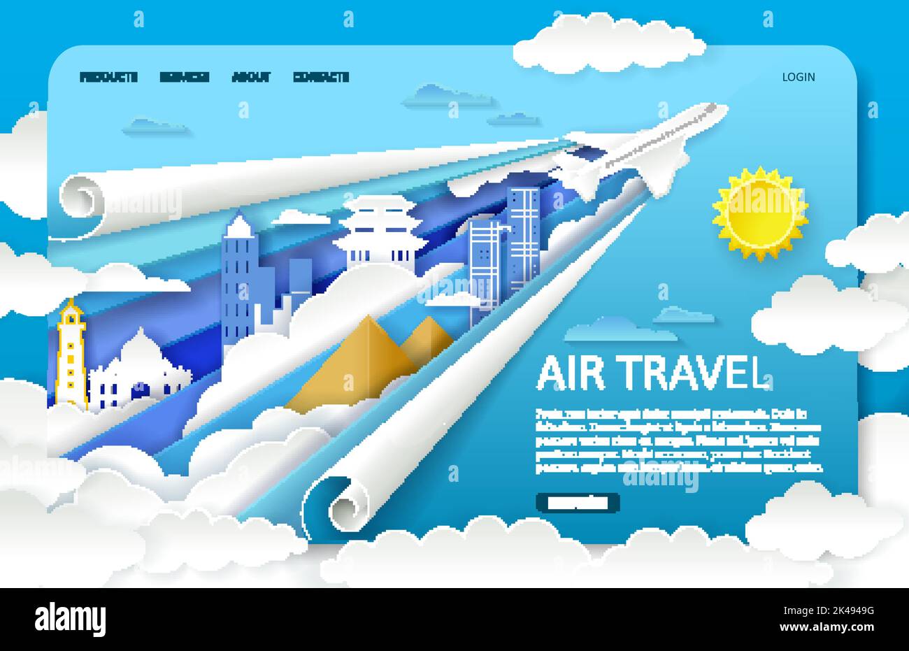 Air travel landing page website template. Vector paper cut illustration ...