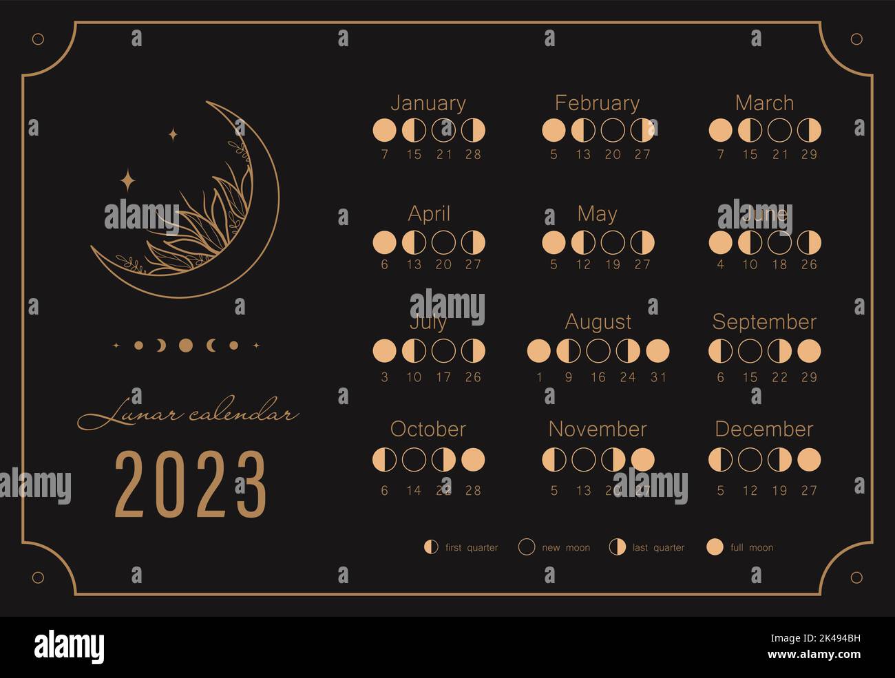 Moon calendar 2023 year. Lunar phases shedule template. Boho ...
