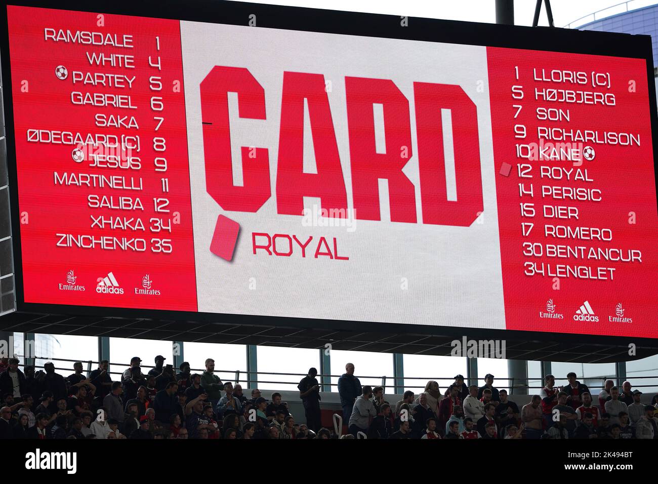 The big screen displays the red card given to Tottenham Hotspur's ...