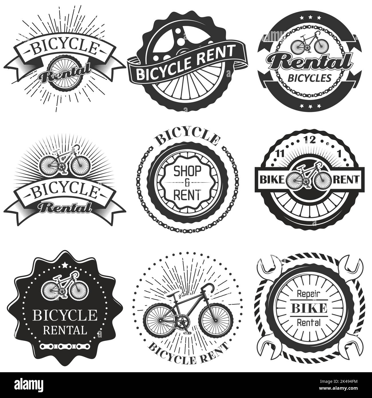 Bike rental badge label logo set. Vector monochrome illustration in ...