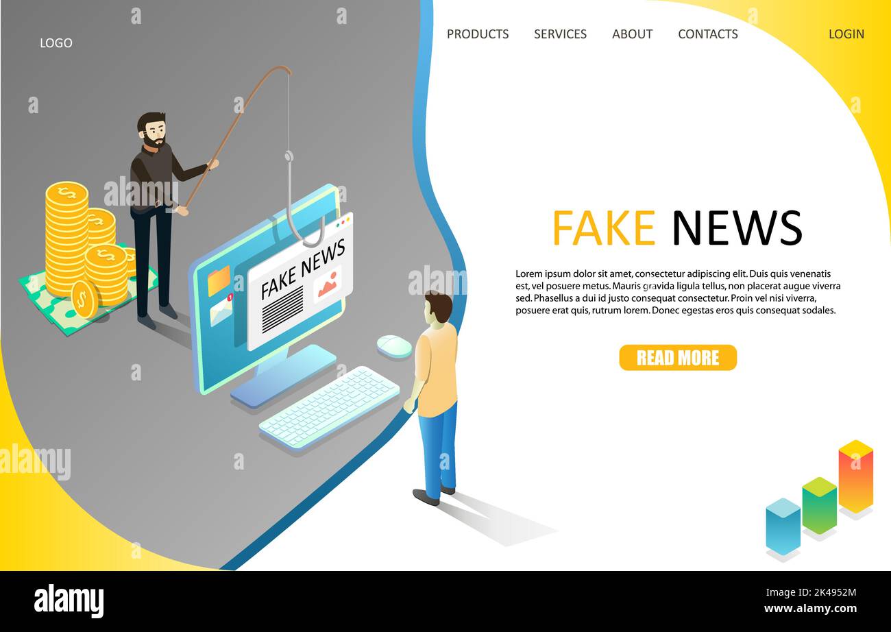 Fake news landing page website template. Vector isometric illustration ...