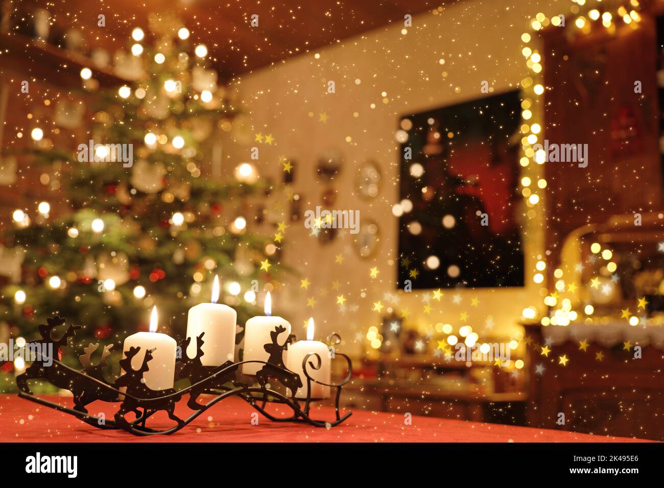 Festive Illuminated Christmas Chamber Scene behind Falling Snow Stock ...