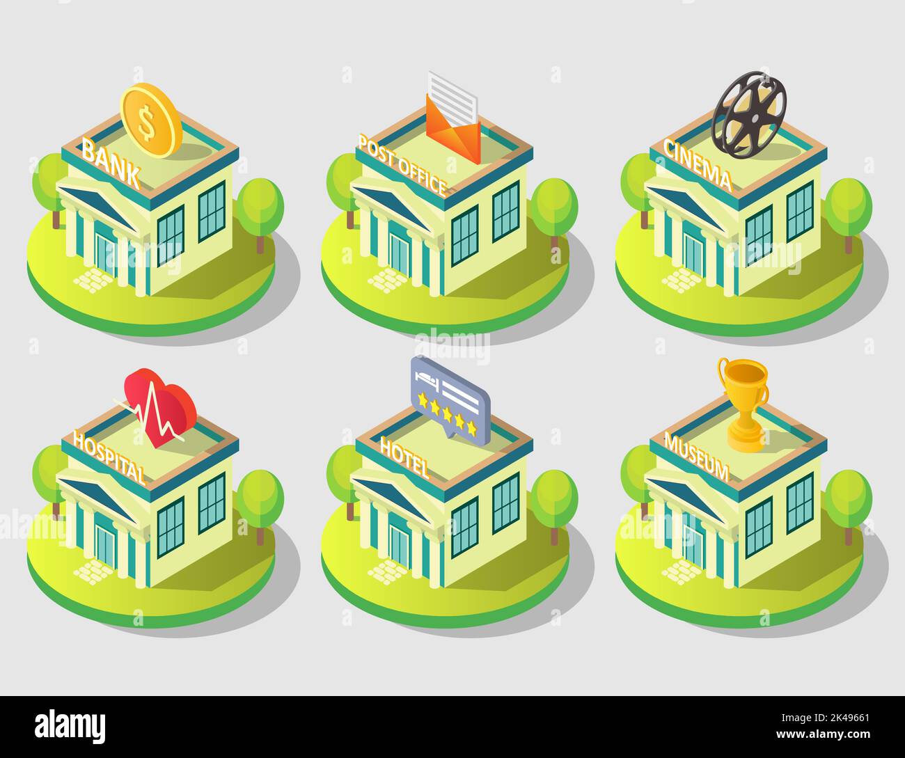 City public building icon set. Vector isometric bank, post office ... City public building icon set. Vector isometric bank, post office ...