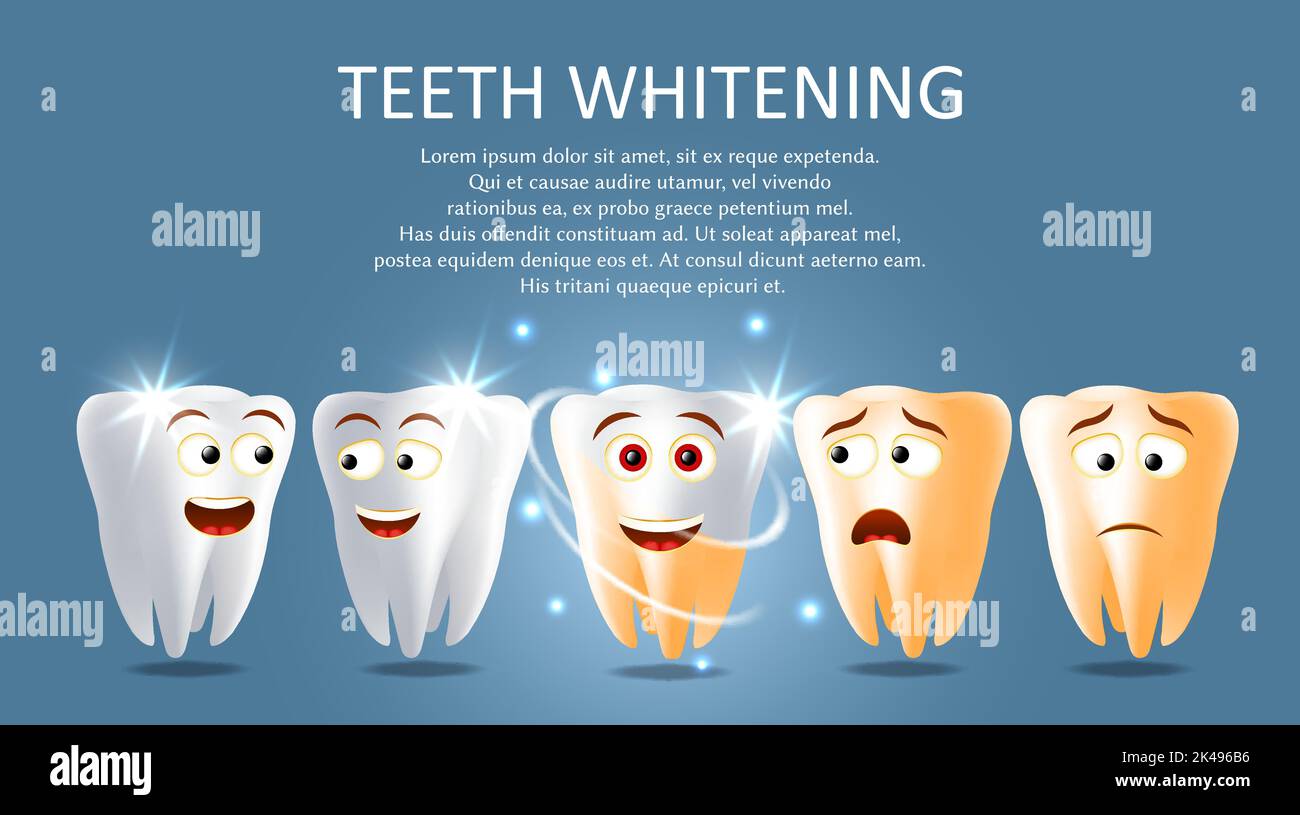 Teeth whitening vector poster banner template. Funny cartoon teeth ...
