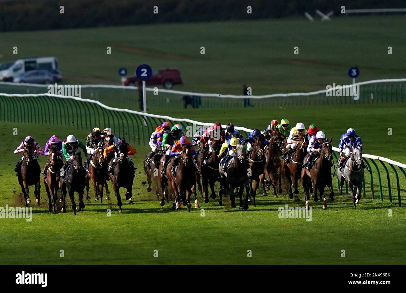 Runners and riders in the Tattersalls October Auction Stakes during Sun ...