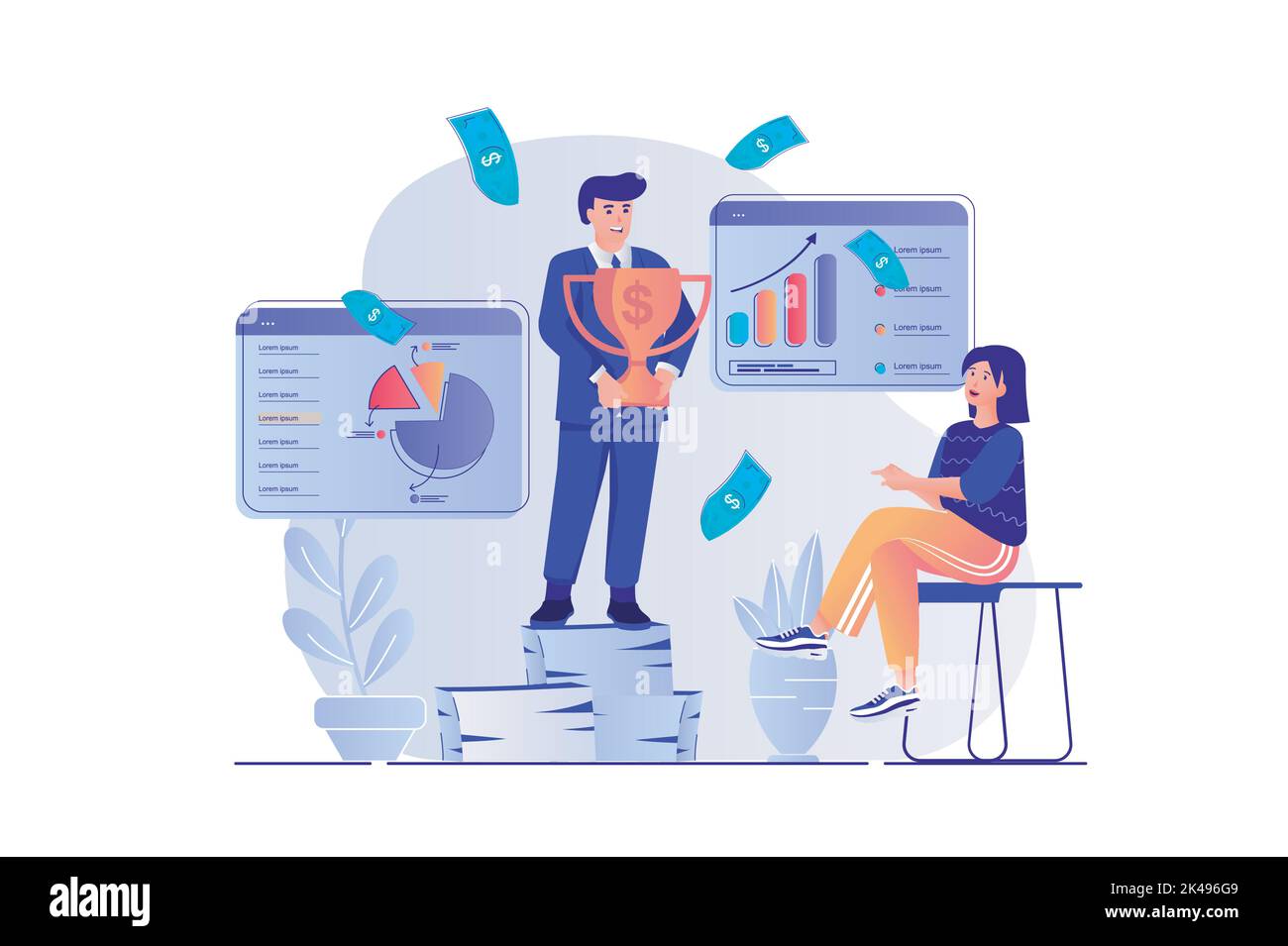 Business award concept with people scene. Man celebrating victory with ...