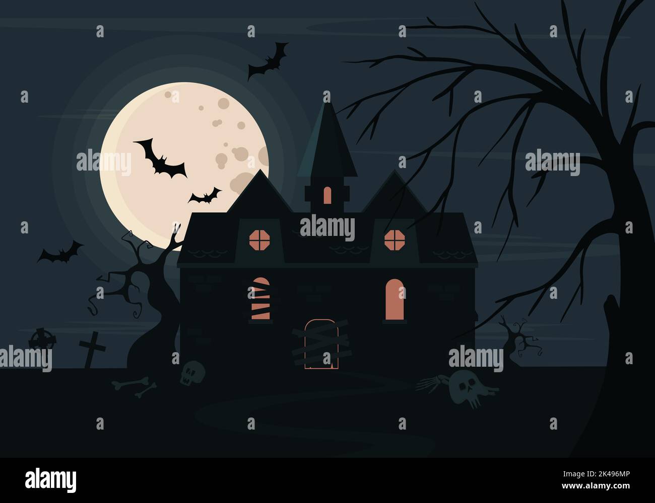 Scary haunted house in a clearing with graves and scattered human ...