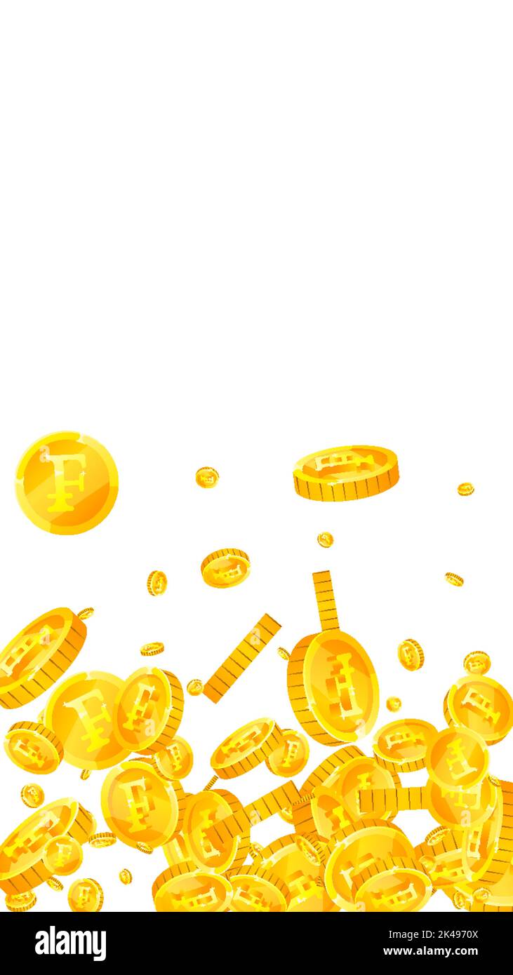Swiss franc coins falling. Gold scattered CHF coins. Switzerland money ...
