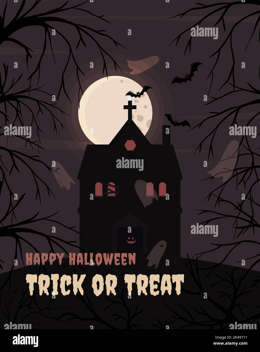 Lettering Happy Halloween and Trick or Treat haunted house with tree ...