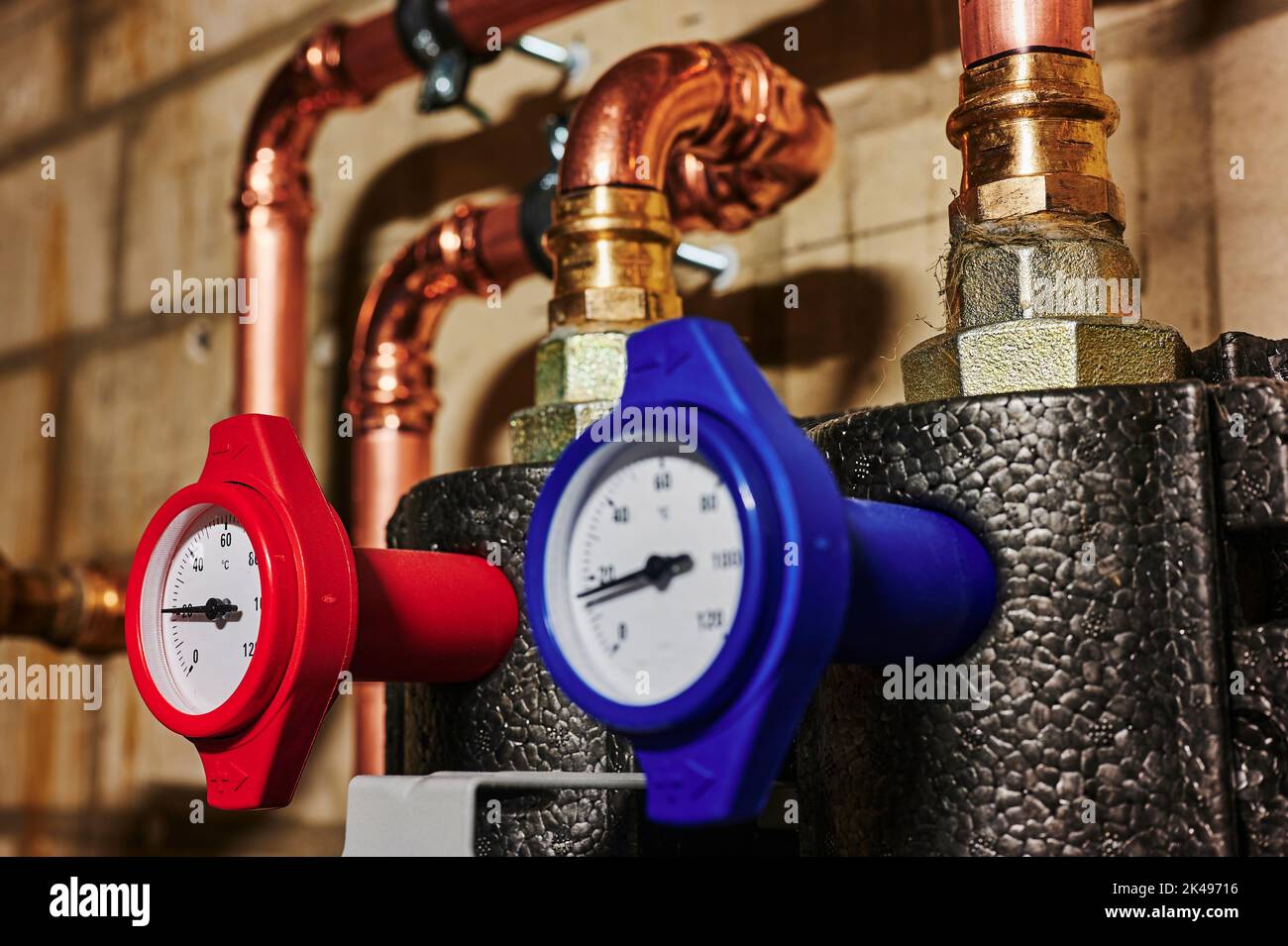 Heating system under construction with a view to the thermometers of ...