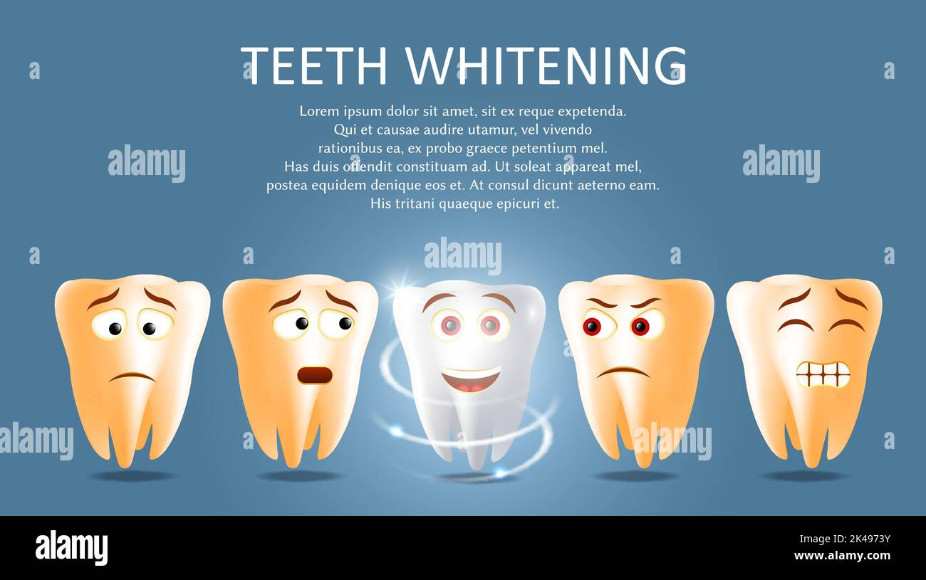 Teeth whitening vector poster banner template. Funny cartoon teeth ...