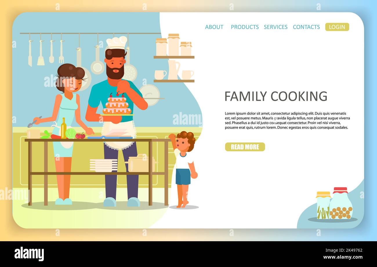 Happy family cooking landing page website template. Vector illustration ...