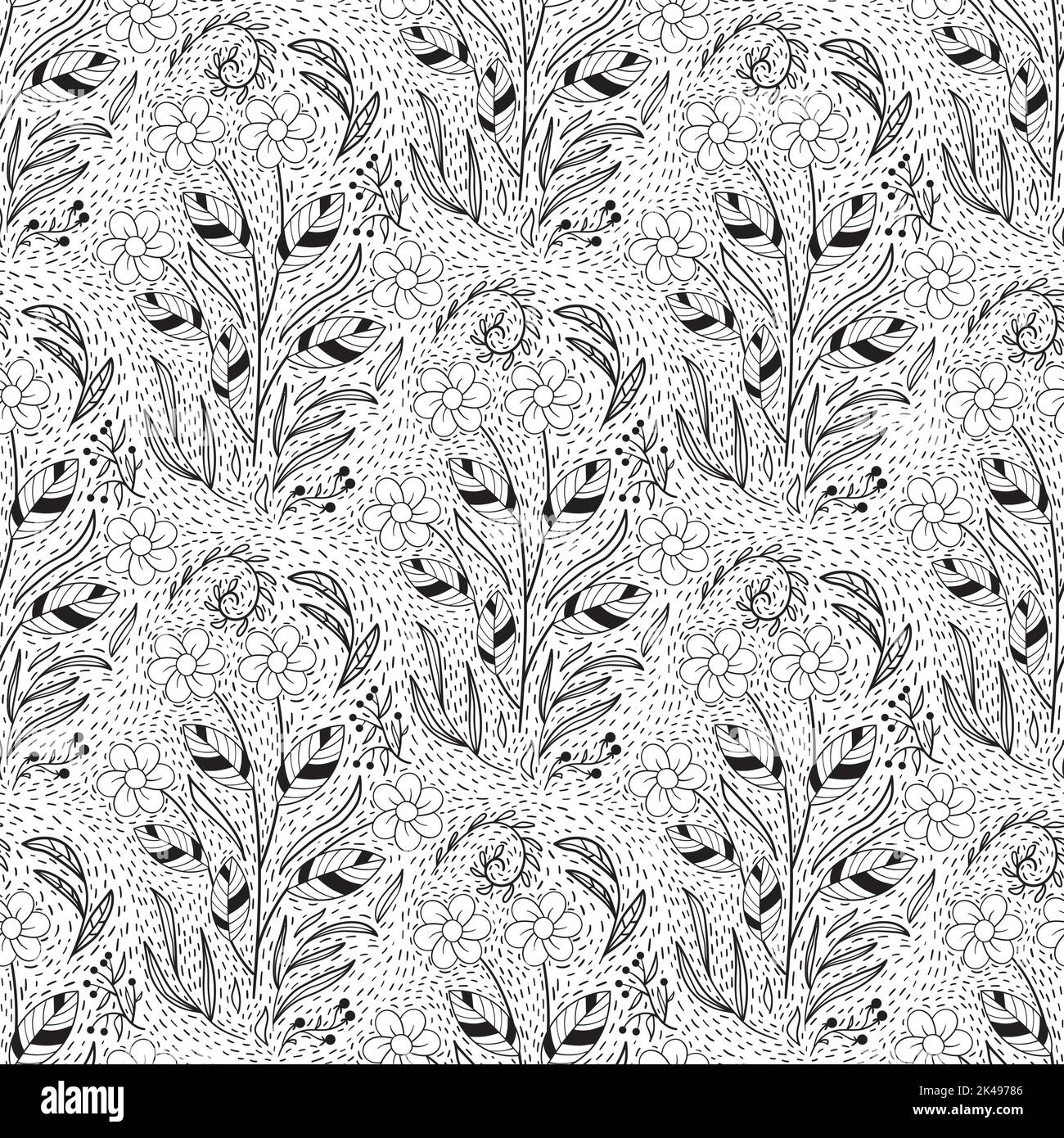 Floral seamless pattern in black and white line style with damask tile ...