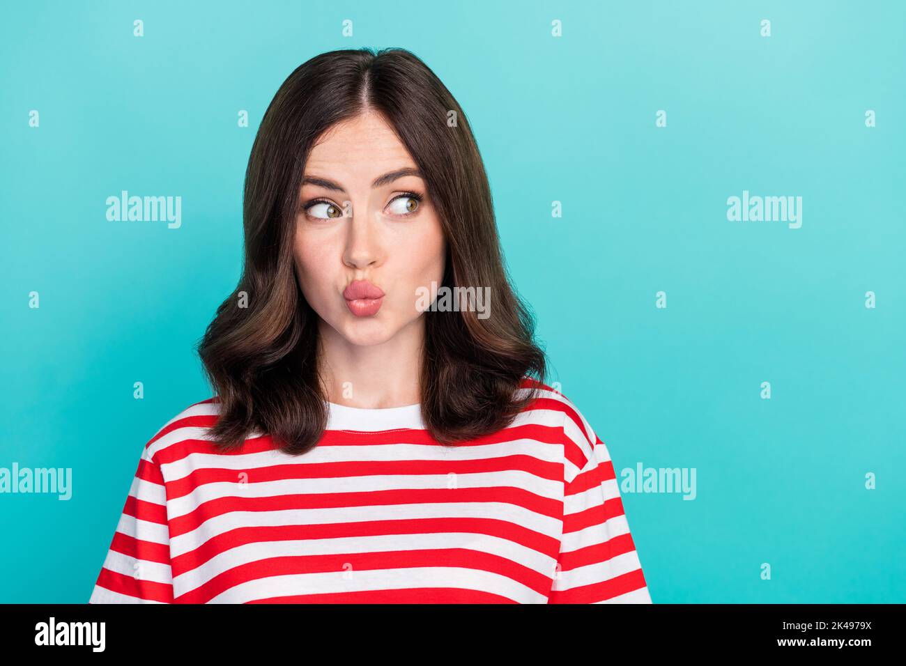 Closeup photo of young attractive gorgeous pretty girl wear striped red ...