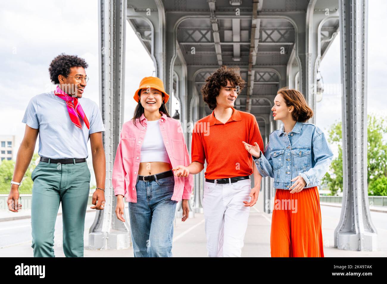 Group of young happy friends visiting Paris and Eiffel Tower, Trocadero ...