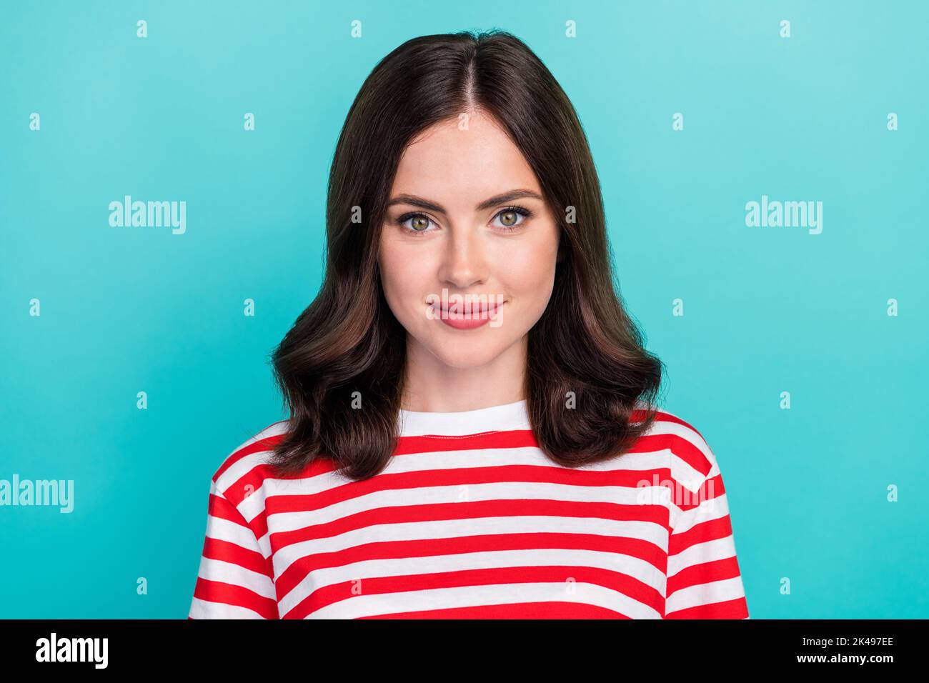 Closeup photo of young adorable attractive pretty woman wear striped ...