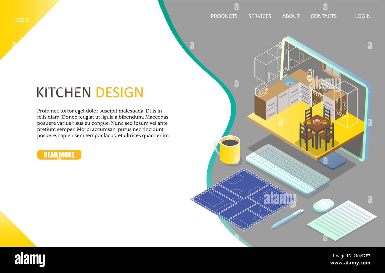 Kitchen design landing page website template. Vector isometric desktop ...