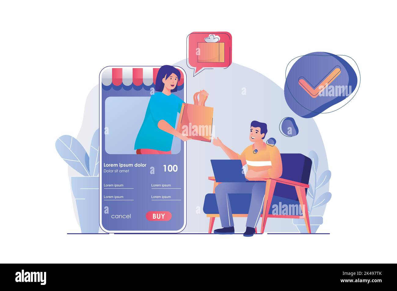 Online shopping concept with people scene. Man customer makes purchases ...