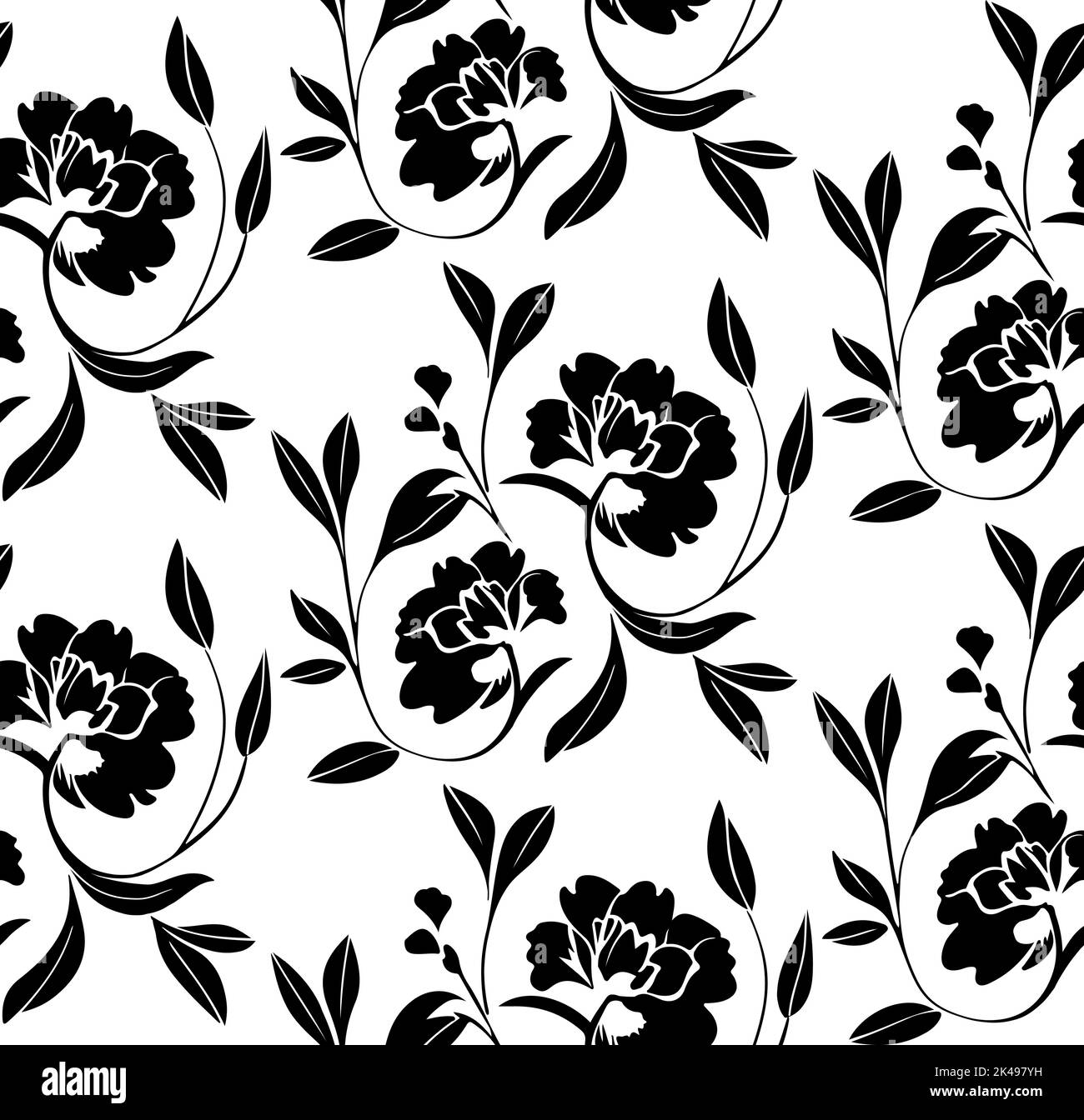 Seamless vector line art pattern made of black flowers on white Stock ...