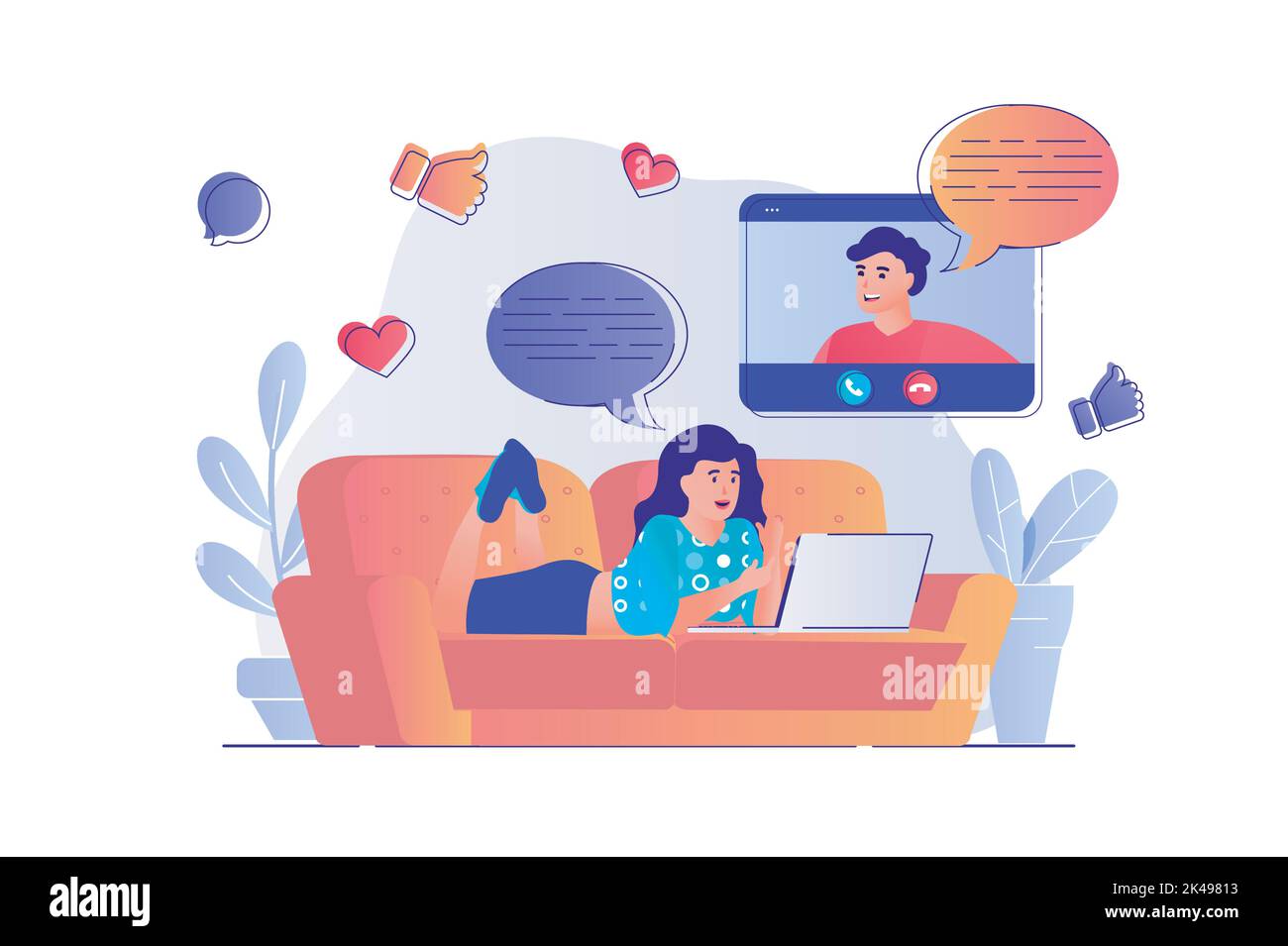 Video chatting concept with people scene. Woman talking to man by video ...