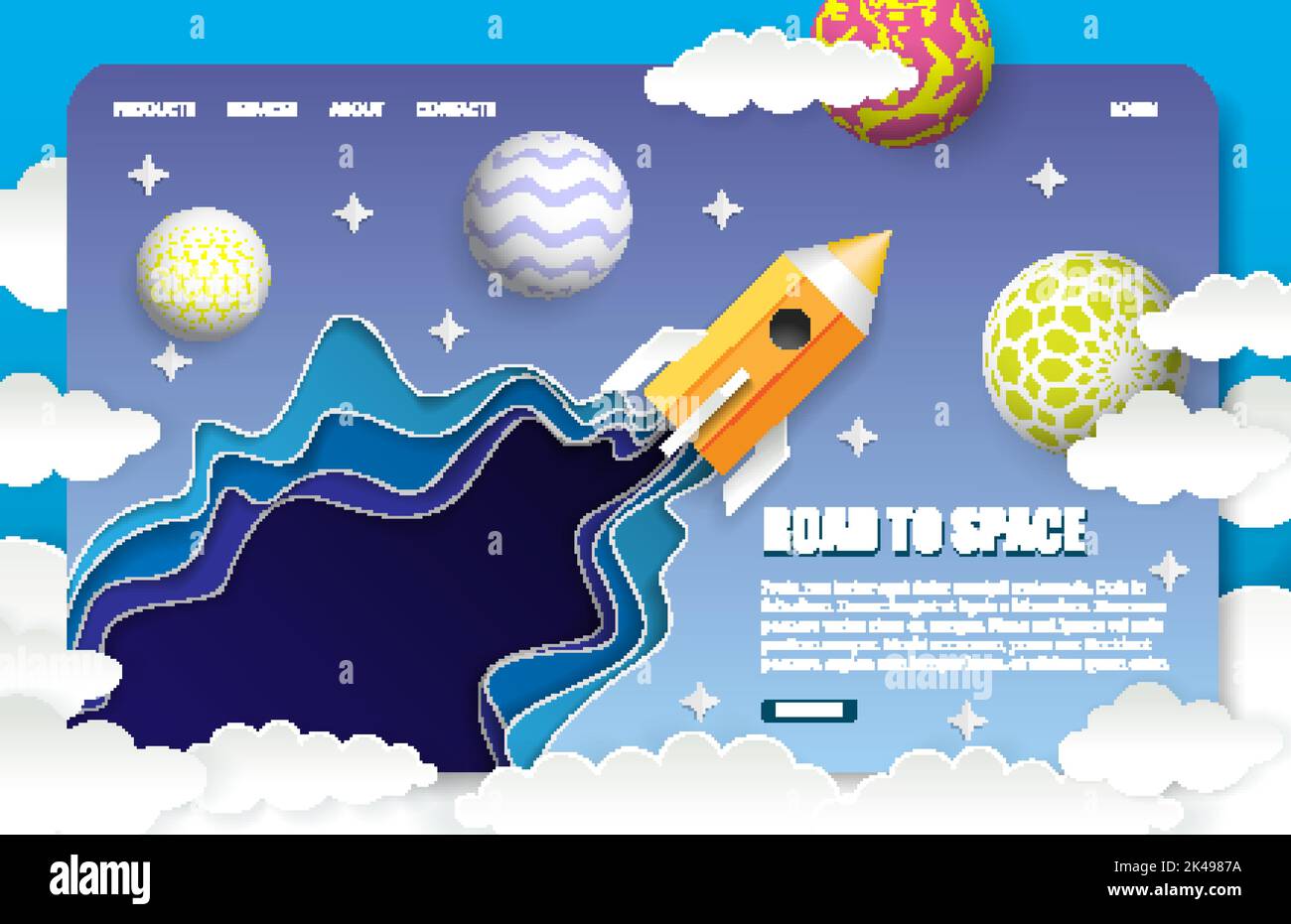 Road to space landing page website template. Vector paper cut rocket ...