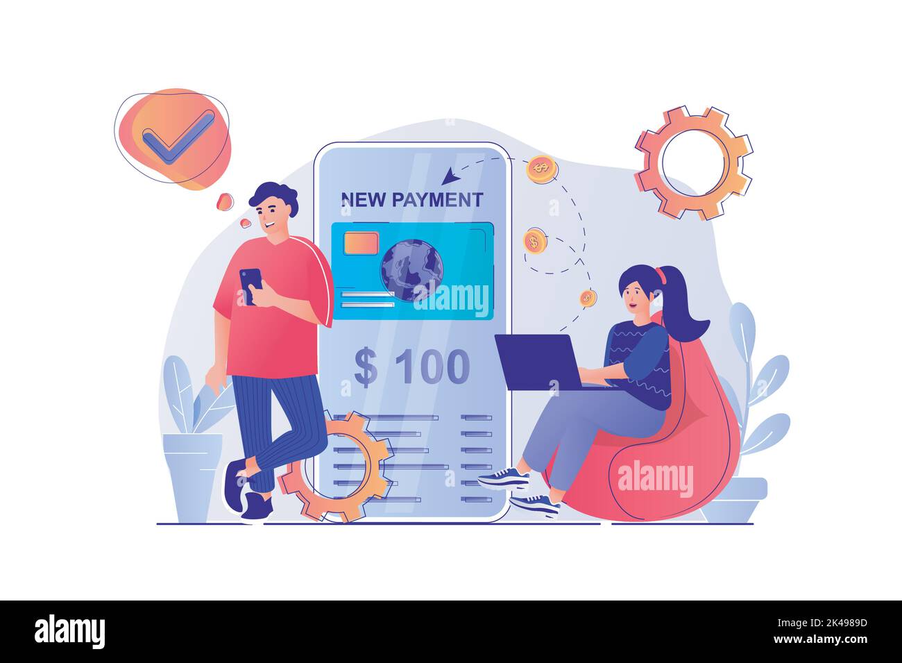 Online payment concept with people scene. Man and woman paying ...