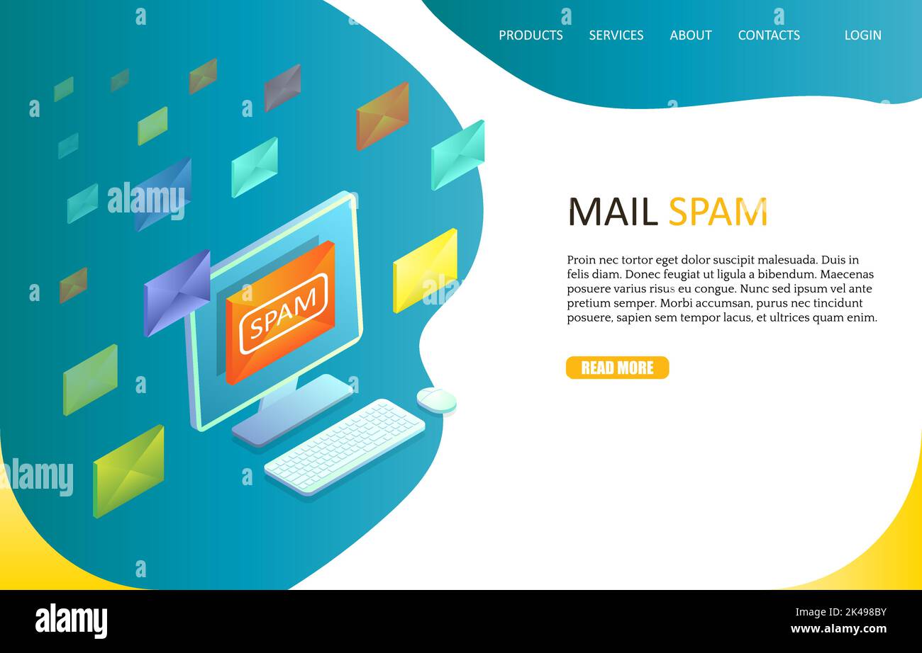 Mail spam landing page website template. Vector isometric desktop ...