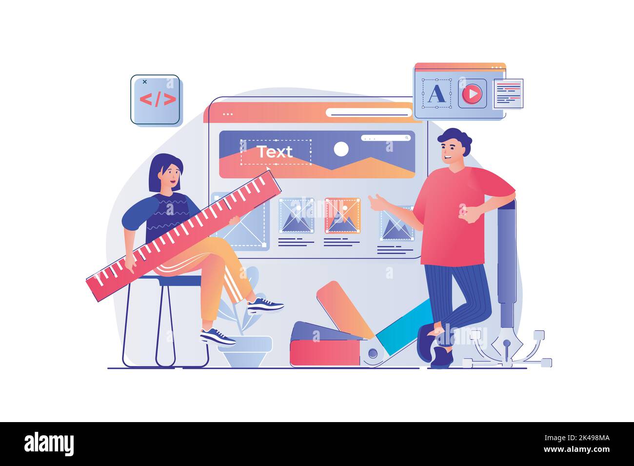 Web design concept with people scene. Man and woman designers creating ...